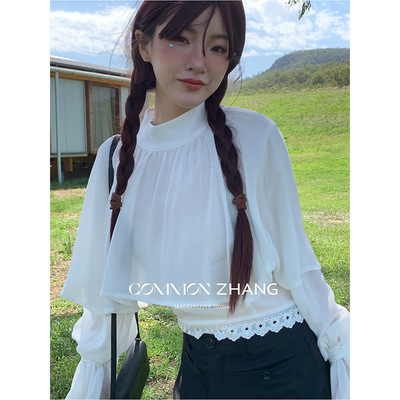 CZ ZHANG春小清新假两件叠层天丝小衫女质感蕾丝拼接雪纺衫C23027