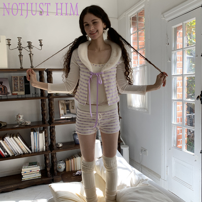 花筏NOTJUSTHIM紫米毛绒领蝴蝶结飘带休闲条纹开衫套装