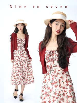 红玫瑰吊带连衣裙针懒开衫外套