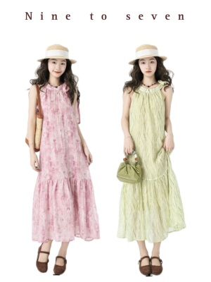 NTS97 2024夏度假风挂脖印花海岛系带蝴蝶结连衣裙长裙