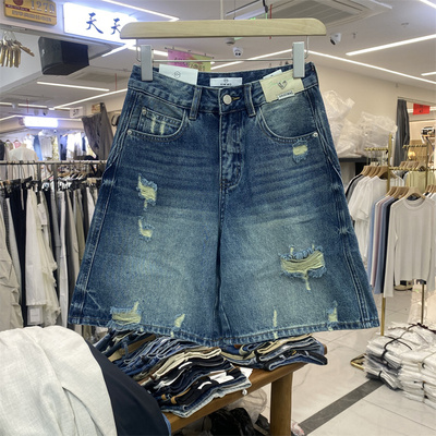 破洞高腰宽松显瘦牛仔五分裤女