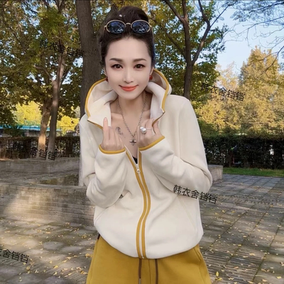 铛铛加厚摇粒绒连帽卫衣外套女冬季2024新款宽松撞色保暖开衫上衣
