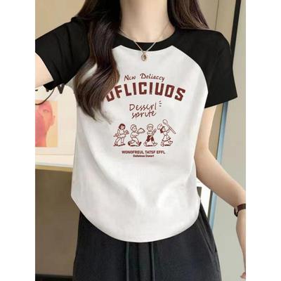 2025新款插肩袖短袖甜美夏季T恤女修身短款大码显瘦减龄小众上衣