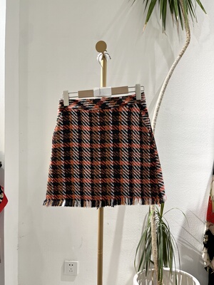UR品牌特价折扣专柜正品小香风编织半身裙短裙格纹A字裙羊毛撤柜