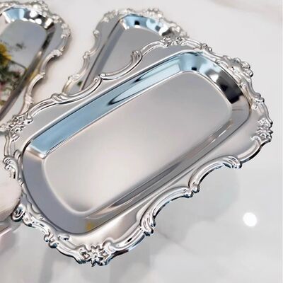 Vintage Embossed Stainless Steel Tray Serving Platter for De