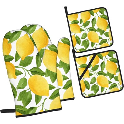 Bright Yellow Lemons Oven Mitts and Pot Holders Sets of 5 Hi