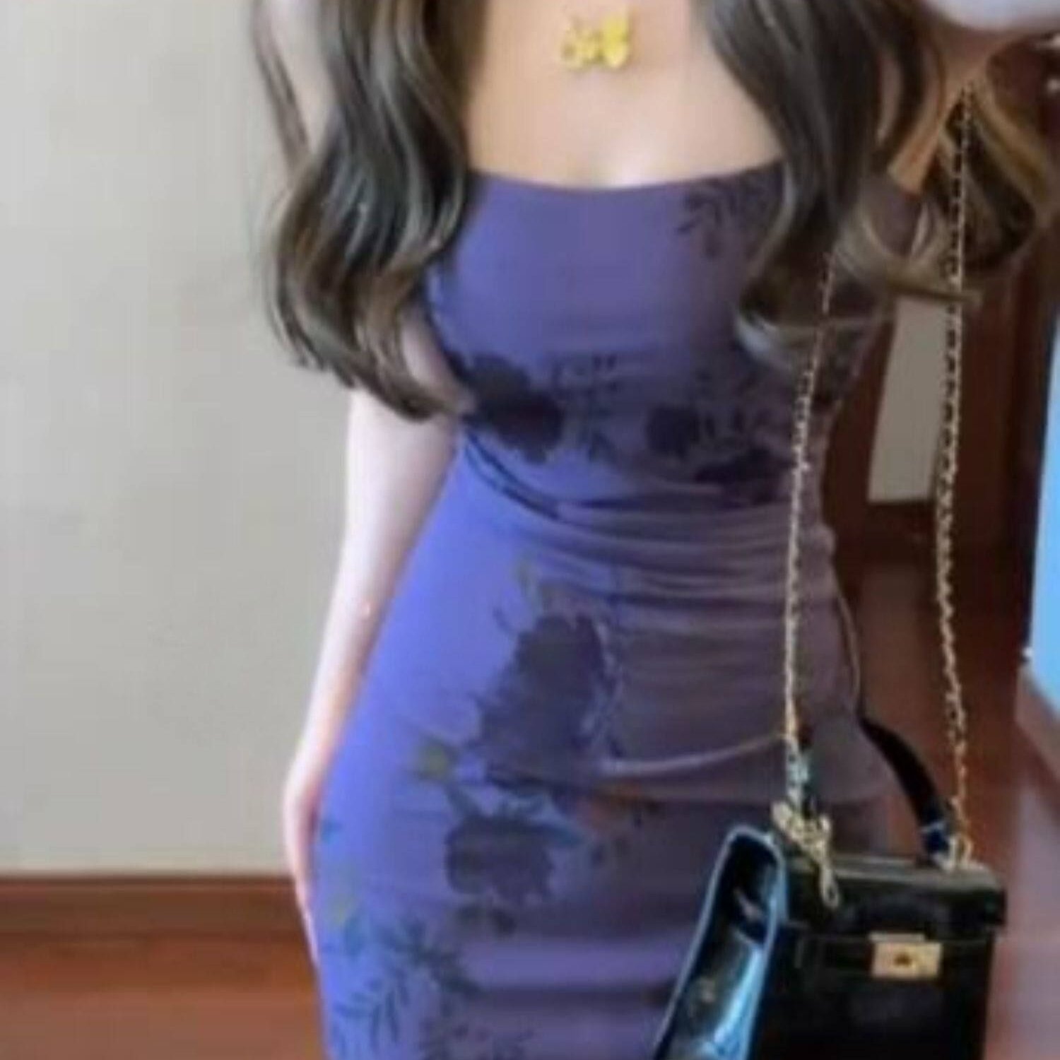 纯欲性感辣妹吊带连衣裙法式复古印花名媛御姐风紫色修身包臀短裙