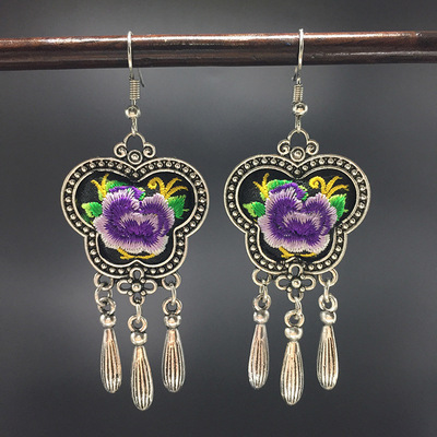 刺绣耳环复古苗银手工刺绣饰品