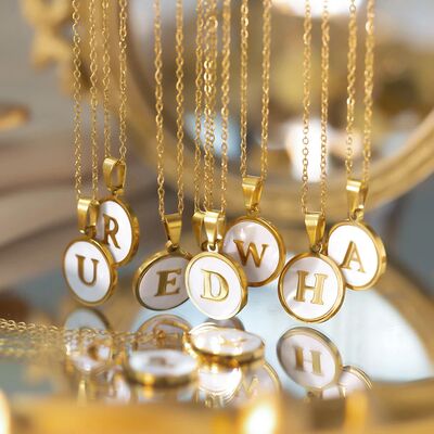Stainless Steel Initial Necklace Gold Color Round Shell Lett