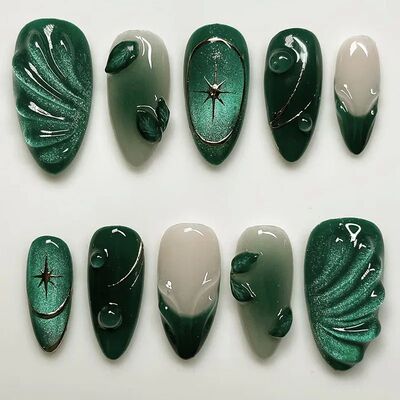 24Pcs 3D Green Ripple Design False Nails Cat's Eye French Al