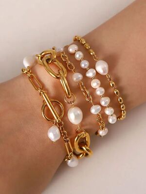 Uworld Elegant Natural Pearl 18K PVD gold plated Chain Brace