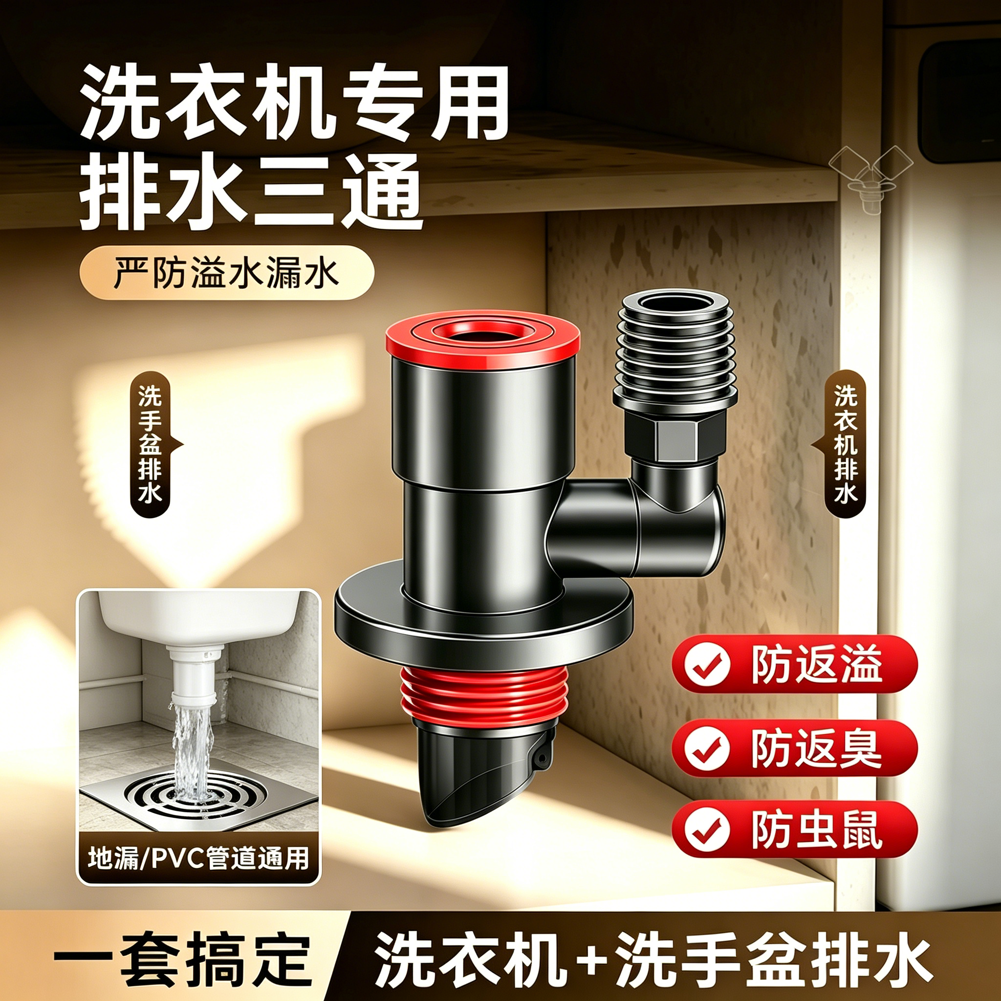 排水管通用不锈钢二合一分水器防臭防溢洗衣机下水三通接头密封塞