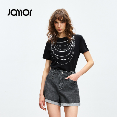 Jamor简约修身黑色短袖T恤正肩女上衣2026秋夏季新款时尚显瘦好看