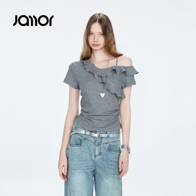 Jamor加墨时尚荷叶边抽褶斜肩T恤短袖上衣女装2026夏季新款