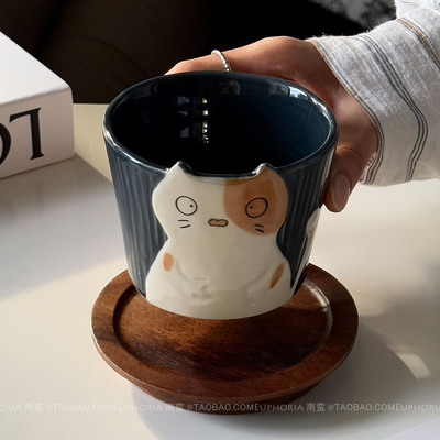 复古手作立体呆萌猫猫陶瓷手握杯