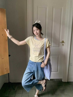 2026夏装新款字母印花纯棉设计感小衫短袖T恤女V领拼接上衣女