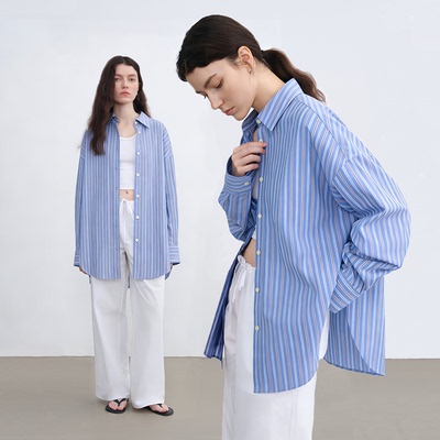MZUC春夏新款蓝色条纹衬衫女长袖宽松翻领纯棉舒适松弛感高知衬衫