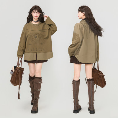 KEIKO [前后两穿] 复古时髦印花卫衣2026春季设计感异质拼接上衣