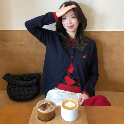 ELLE假两件毛针织开衫女撞色格纹