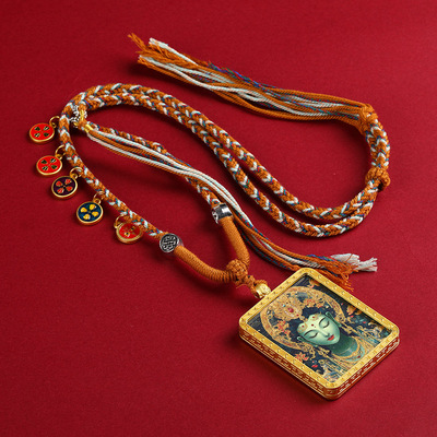 手绘描金绿度母唐卡项链