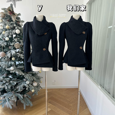 收腰花苞下摆呢外套黑色毛呢大衣