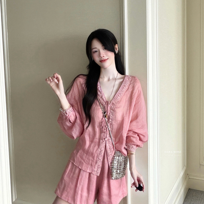 DARA ROSE-高端麻料套装法式温柔风蕾丝花边V领亚麻小衫+休S9563
