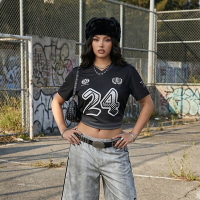 美式街头复古网格拼接玄学球服26春夏新品潮牌运动数码印短袖T恤