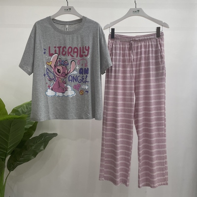 亲嘴猫正品迪士尼史迪仔莫代尔棉女士卡通可外穿条纹家居服X62223