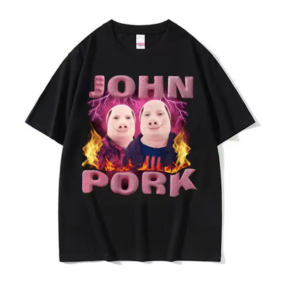 梗图John Pork趣味猪迷图案T恤男女时尚休闲幽默圆领纯棉短袖TEE