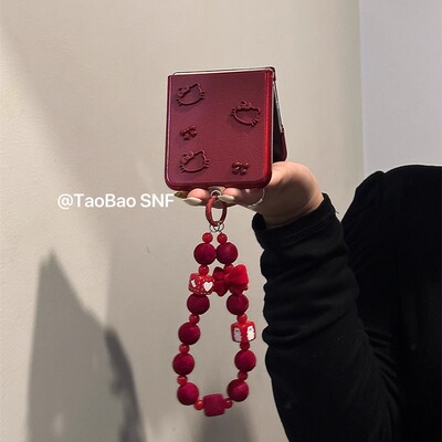 酒红立体kitty猫适用Pura X华为Pocket 2手机壳小米MIXFlip2阔折叠FindN3Flip三星Zflip7/6/5novaS荣耀VFlip2