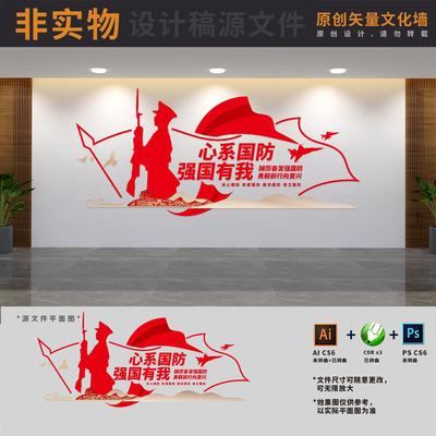 心系国防标语文化墙人武部民兵之家背景形象墙AI+CDR+PSD设计素材