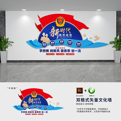 学习新时代枫桥经验警营党建文化形象背景墙AI+CDR设计稿素材文件