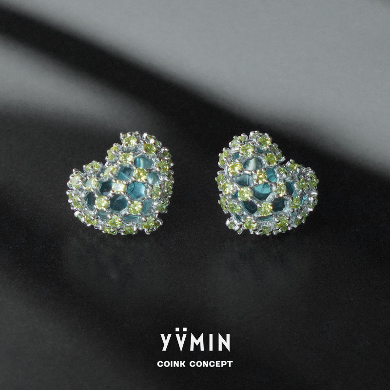 YVMIN尤目涟漪系列拼色爱心宝石网耳钉 925纯银小众设计耳环_虎窝淘