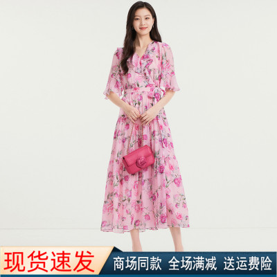 夏季新款V领短袖碎花长款连衣裙