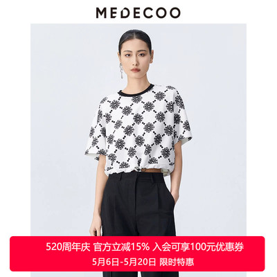 MEDECOO/墨蒂珂2026夏新款女装圆领印花老钱风短袖T恤MJX62202