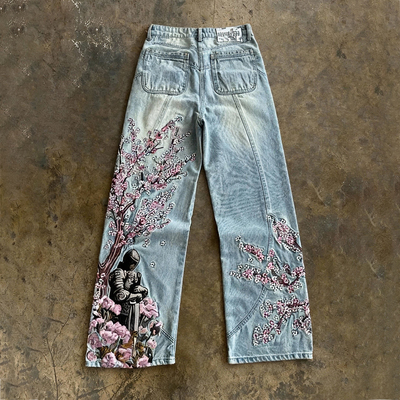 y2k hoodie~美式复古梅花刺绣阔腿牛仔裤男女宽松直筒长裤街头风