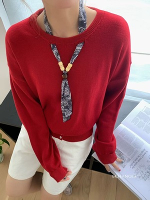 SY韩系新款时尚高品质圆领设计感带丝巾针织衫女毛衣上衣精致打底