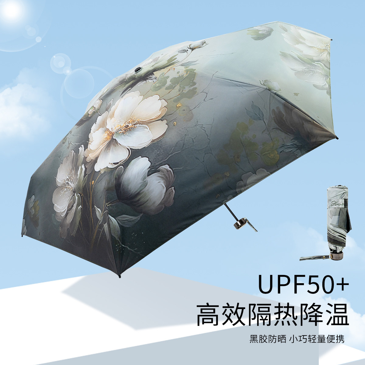 【16年老店】黑胶遮阳伞下降温小巧便携防紫外线五折印花太阳伞