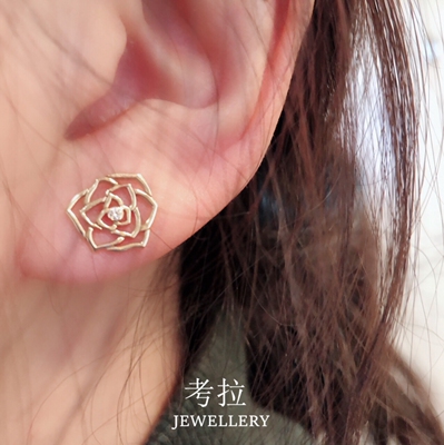 ROES镂空玫瑰花耳钉女轻奢玫瑰金纯银钻石山茶花耳环耳饰时尚气质