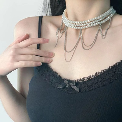 法式复古多层珍珠链条流苏项链轻奢时尚优雅百搭锁骨链气质饰品女