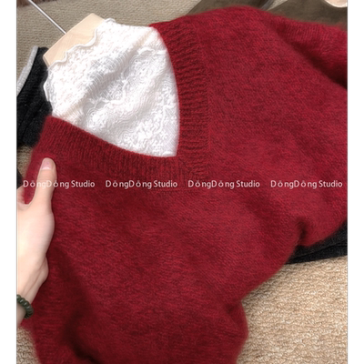 新粉更优惠！【红高粱】拉绒纯色V领套头宽松长袖针织衫毛衣 9289