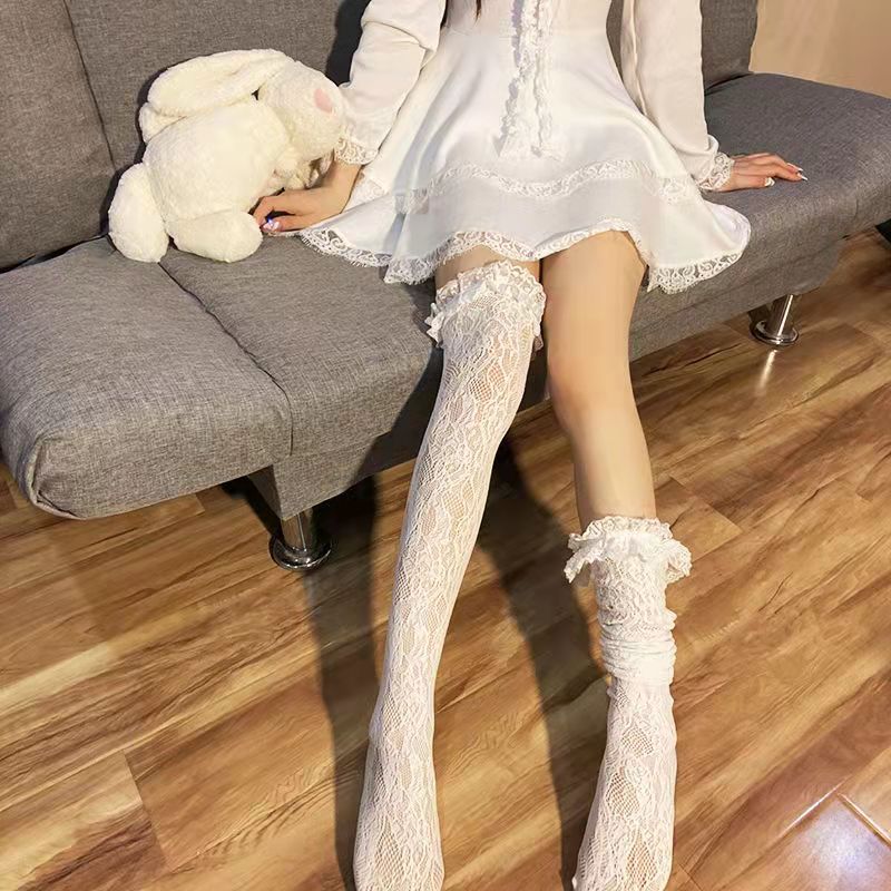 春秋薄款洛丽塔蕾丝花边长筒袜萝莉提花白色中筒学生jk小腿堆堆袜虎窝淘