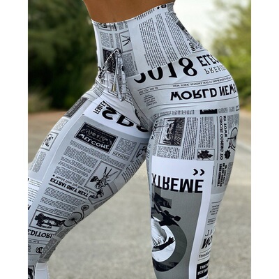 New Trend Women Newspaper Print Butt Lifting Pants Femme Ani