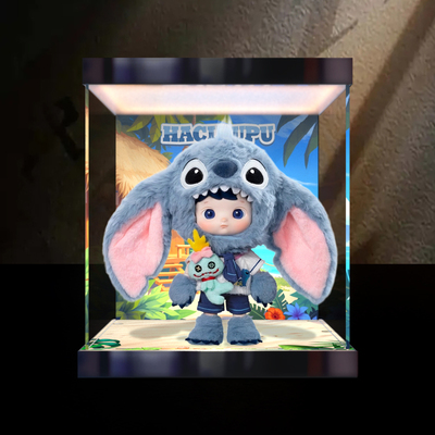 适用泡泡玛特 Hacipupu 史迪奇 可动人仔 潮玩灯箱款防尘罩展示盒