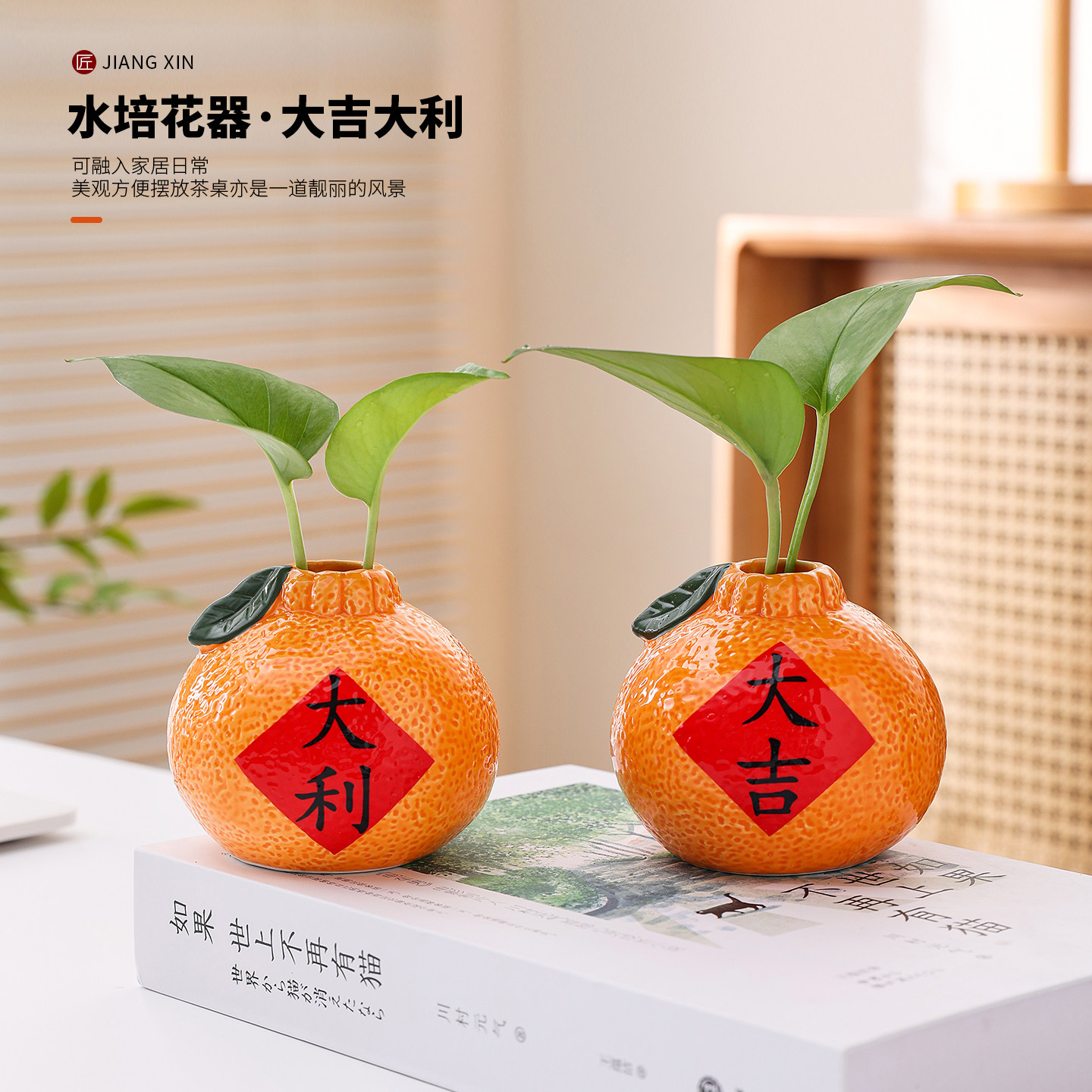 大吉大利陶瓷仿真橘子花瓶养水绿箩水培花盆装饰摆件高颜值田园风