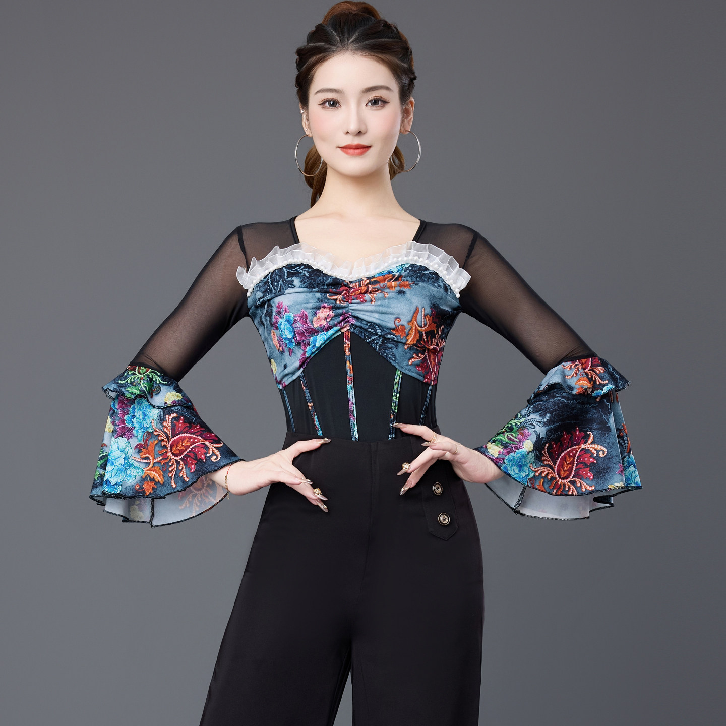 妹姿彩拉丁舞上衣练功服2026年秋冬新款摩登舞蹈华尔兹连体长袖