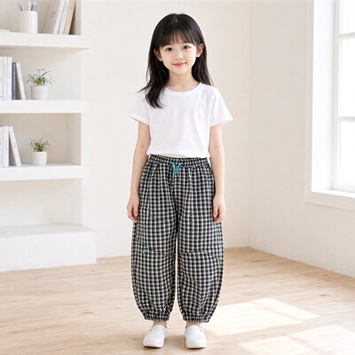 商场同款Abckids格子束脚裤秋季休闲灯笼裤萝卜裤女童F232312052