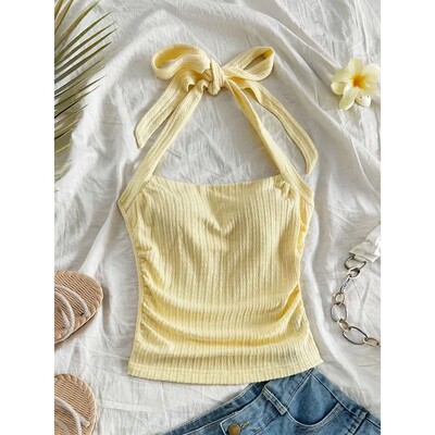 Short top, women's vacation knitted tie hanging neck tie top