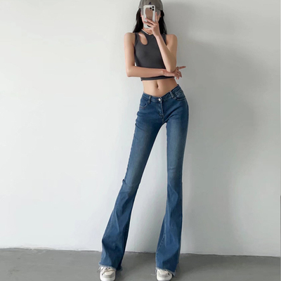 弹力紧身低腰千禧毛边牛仔长裤女