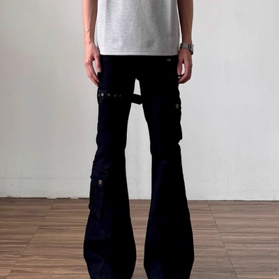 Promiseme白色vibe绑带微喇工装牛仔裤男秋季美式高街休闲多口袋